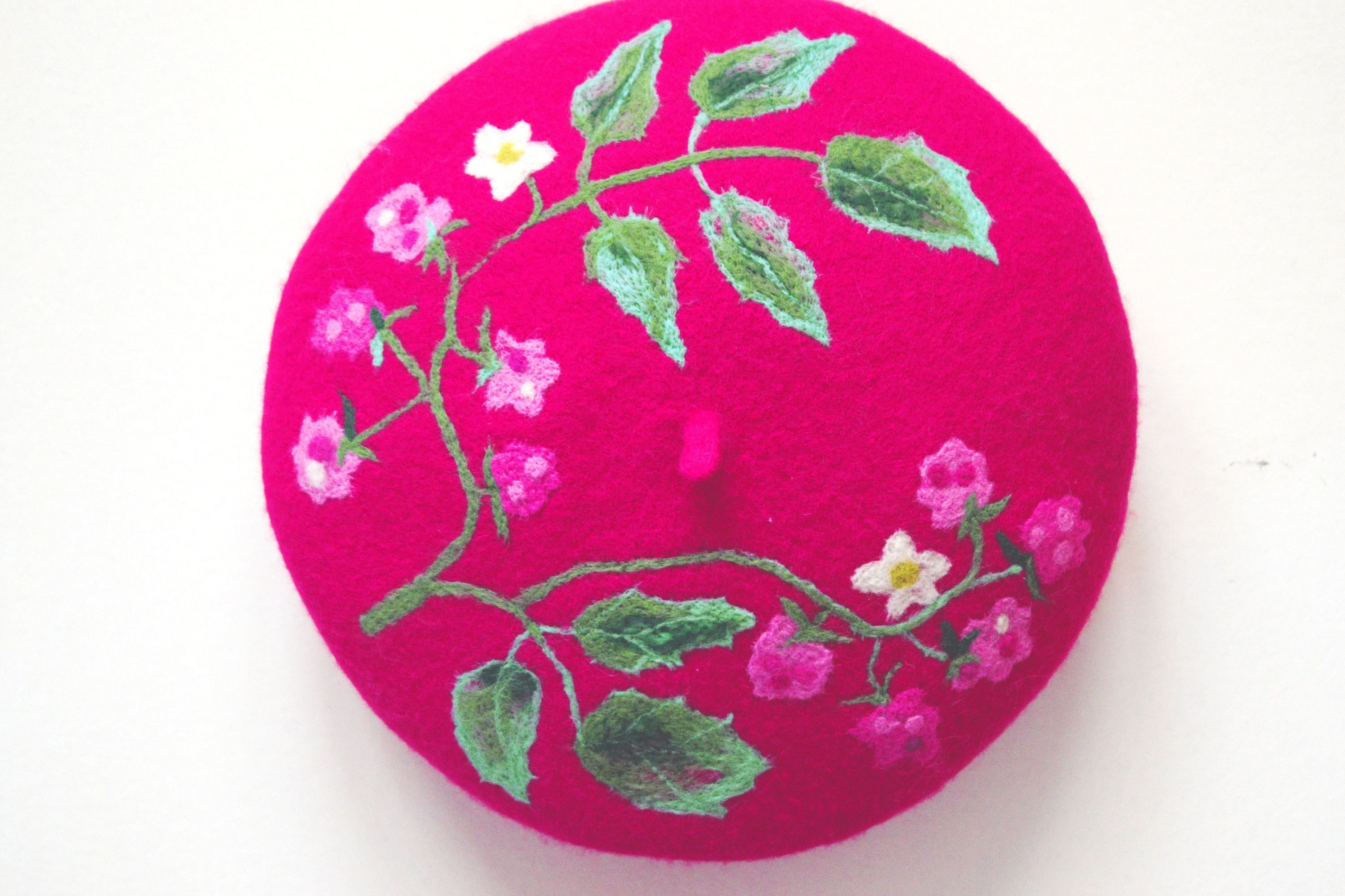 Raspberry Beret Pink Beret With Embroidered Raspberries Woolen Beret ...