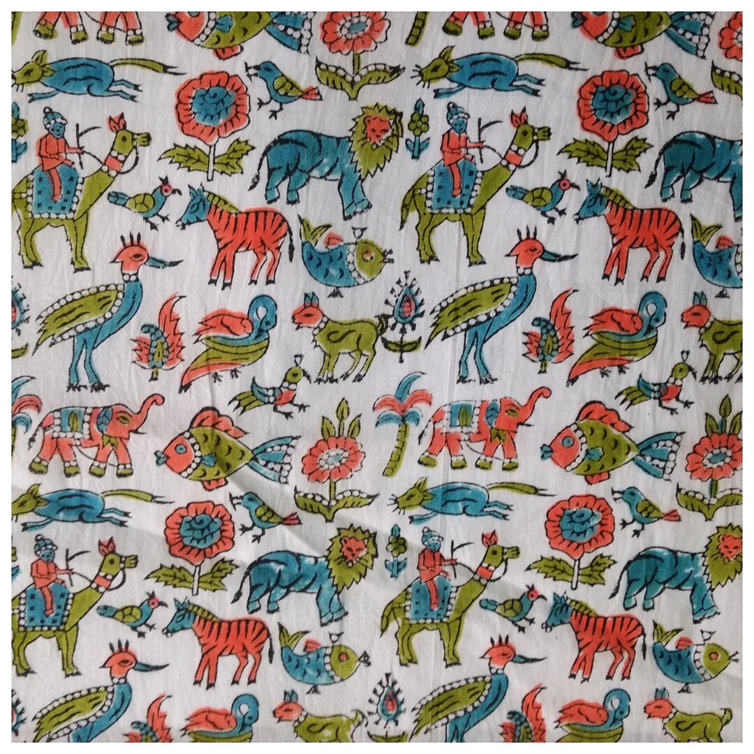 Animal & Birds Block Print Cotton Fabric, Kids Design, 5 Yards - Etsy