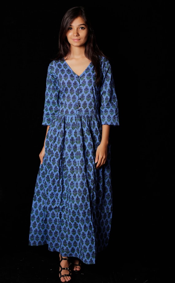 Indian Hand Block Printed Long Gown Dress for Women Block | Etsy
