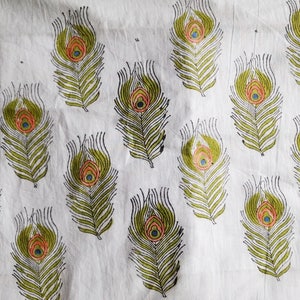 5 Yards Peacock Feather Block Print Fabric, Indian Cotton Fabric ...