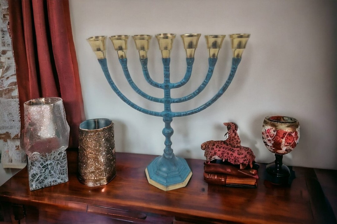 Messianic Brass Copper Menorah Menora Blue 10" 25cm Israel 7 Seven ...