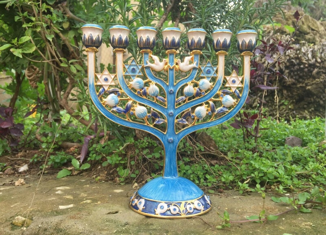 Menorah Enamel Art Tree of Life Doves of Peace Judaica Decor 7 Branch ...