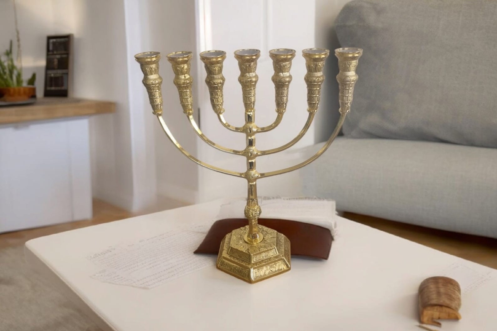 Menorah Menora Gold Plated Brass - 7 Branch Jewish Candle Holder 16.5 ...
