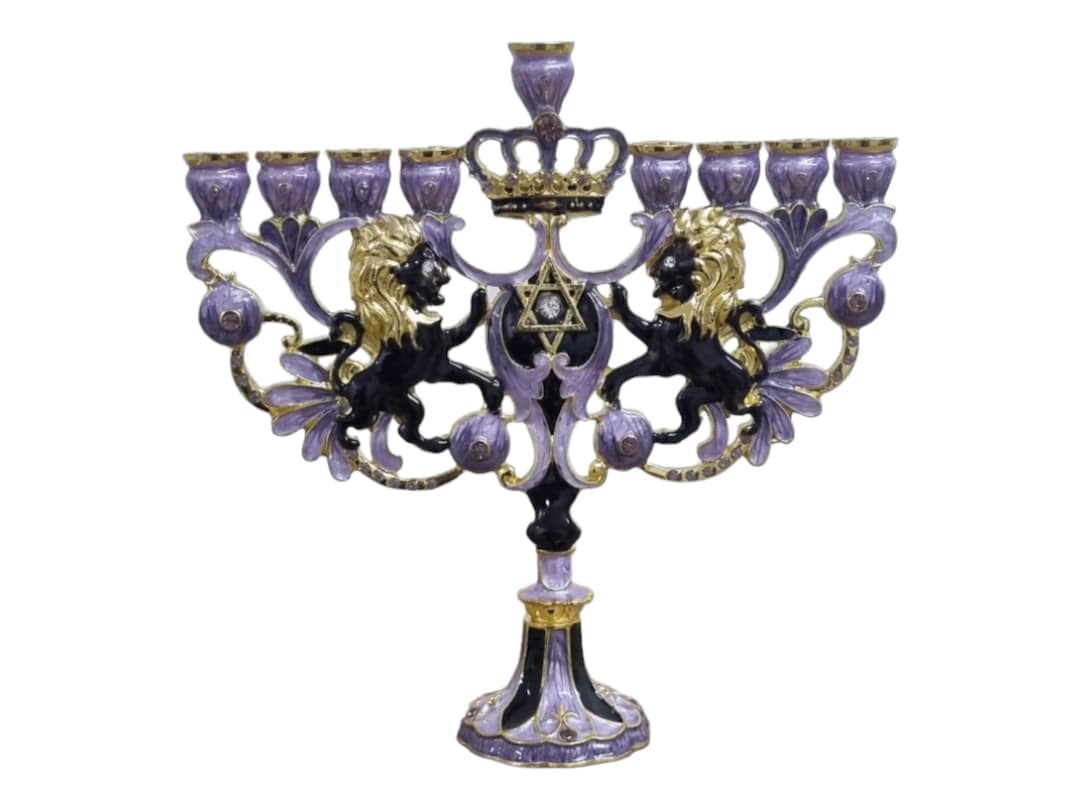 Regal Purple Black Hanukkah Menorah Lion of Judah | Crystal Jewish Art ...