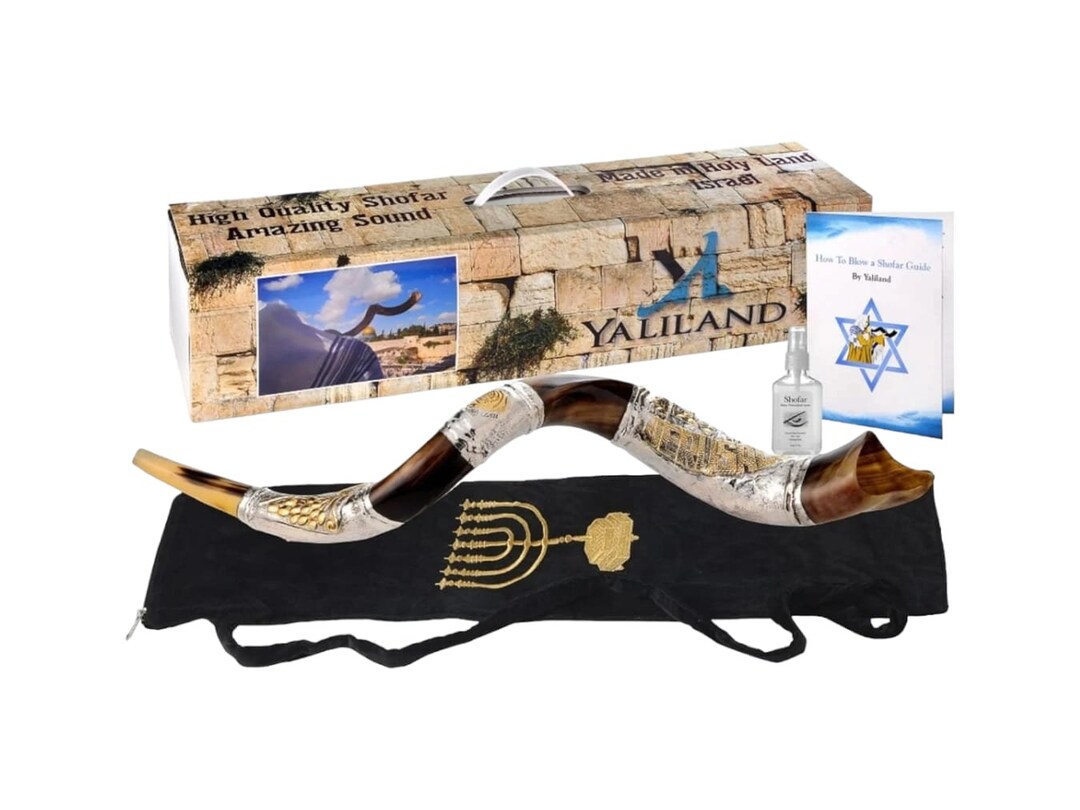 Complete Kudu Shofar Set | Polished Silver Plated Jerusalem Design ...