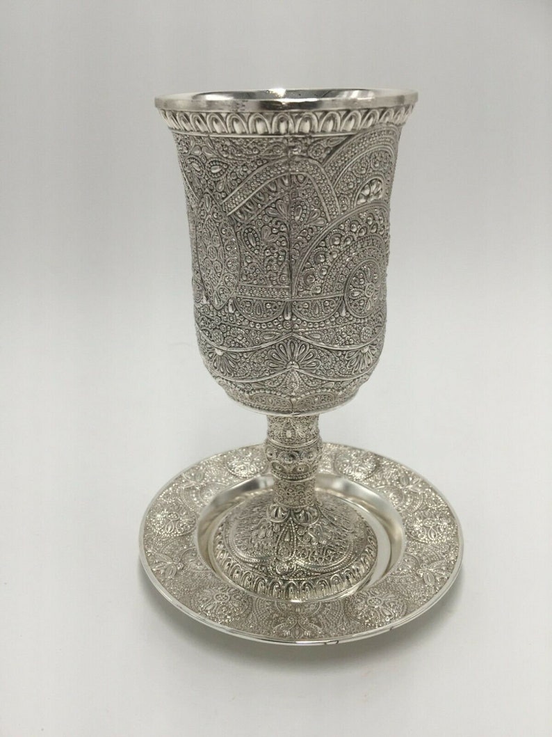 Silver Plated Kiddush Cup: Filigree Shabbat Wedding Goblet With Plate ...