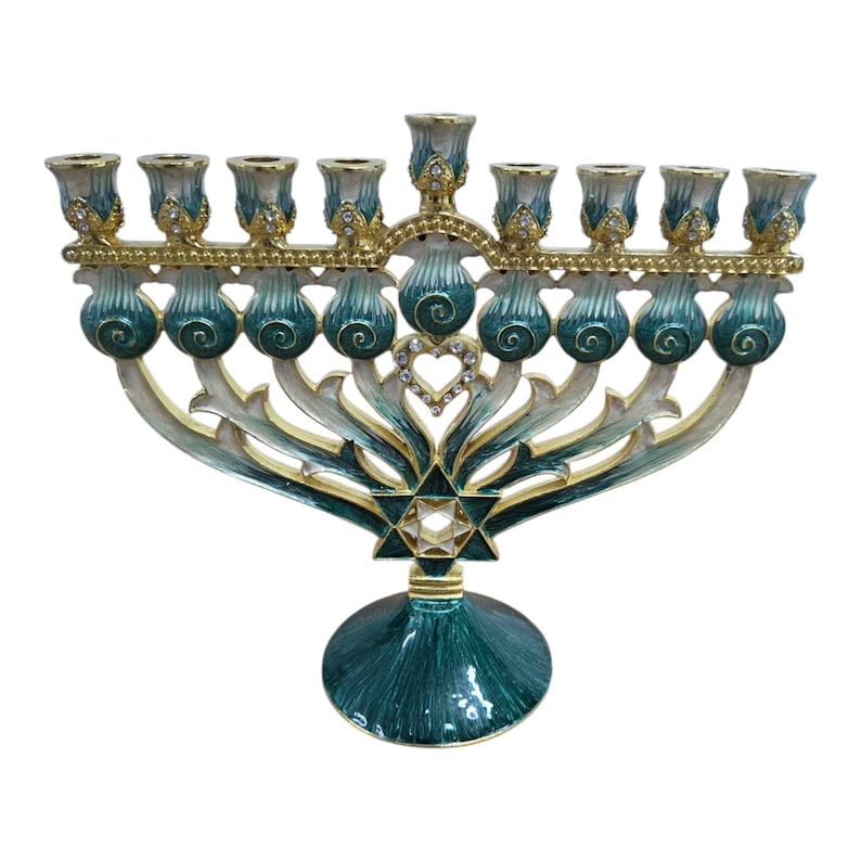 Jeweled Teal Gold Hanukkah Menorah | Enamel Chanukiah | Jewish Home ...