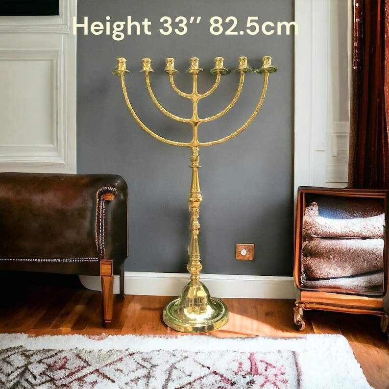 Menorah Grand Brass 33-inch Gold Finish Judaica Altar Centerpiece 7 ...