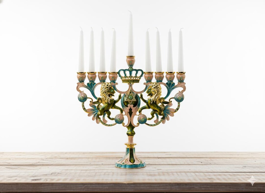 Menorah Lion of Judah Hanukkah Enamel Decorated 9 Branch Candel ...