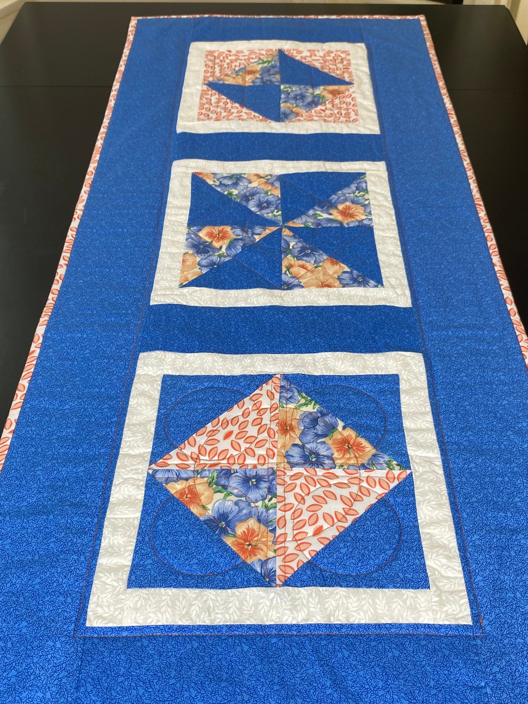 Quilted Table Runner, Rectangle in Cadet Blue, White, Orange, Pansies ...