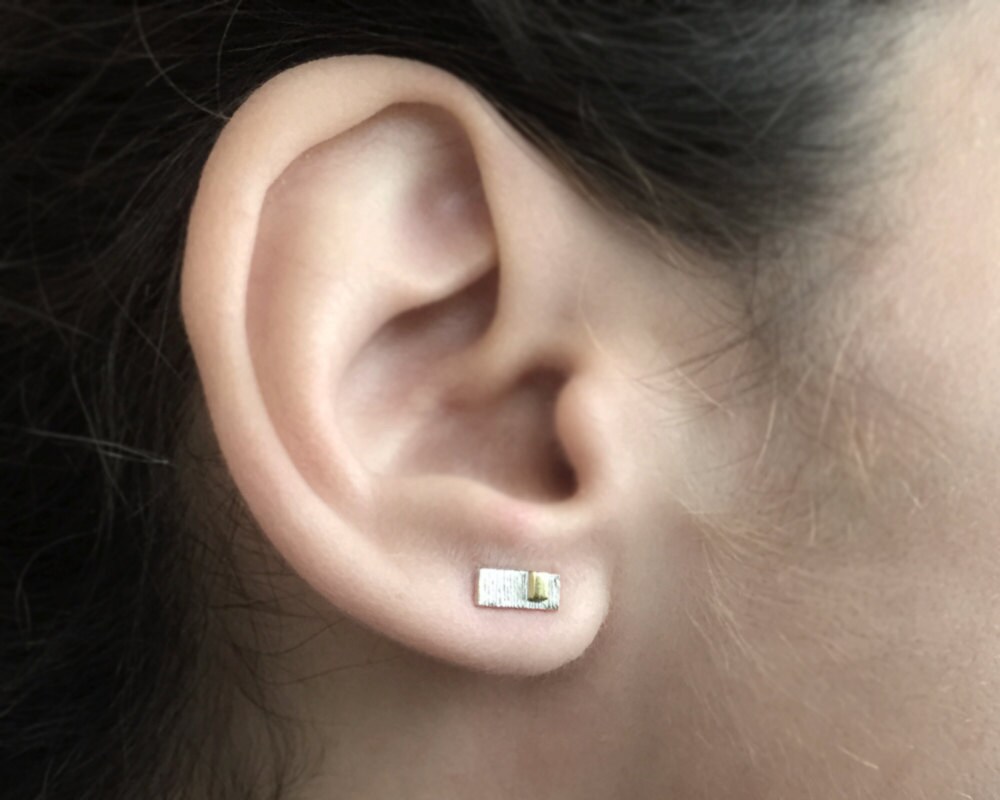 Silver bar earrings with brass square silver line earrings | Etsy