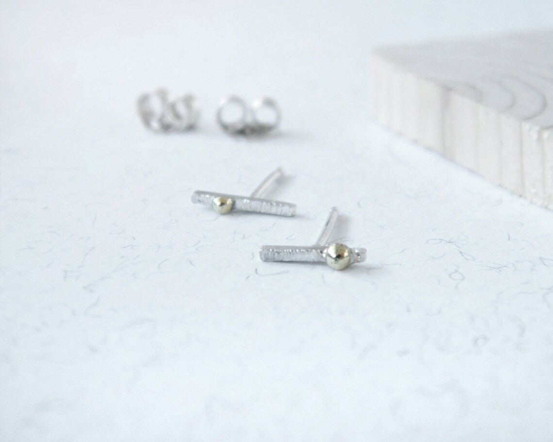 Silver Bar Earrings With Brass Ball Silver Line Earrings | Etsy