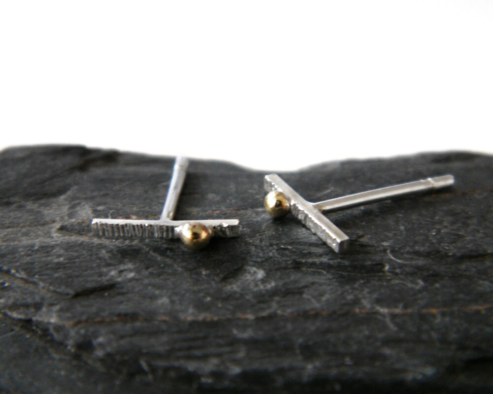 Silver Bar Earrings With Brass Ball Silver Line Earrings | Etsy