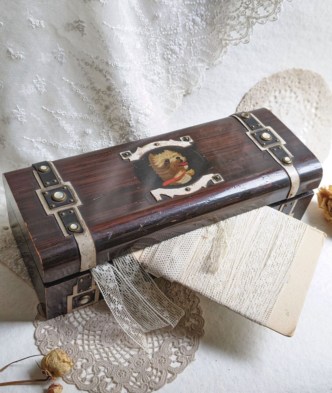 Large Lacquer Glow Box With Dog Painting. Antique Trinket Box. Vinatge ...