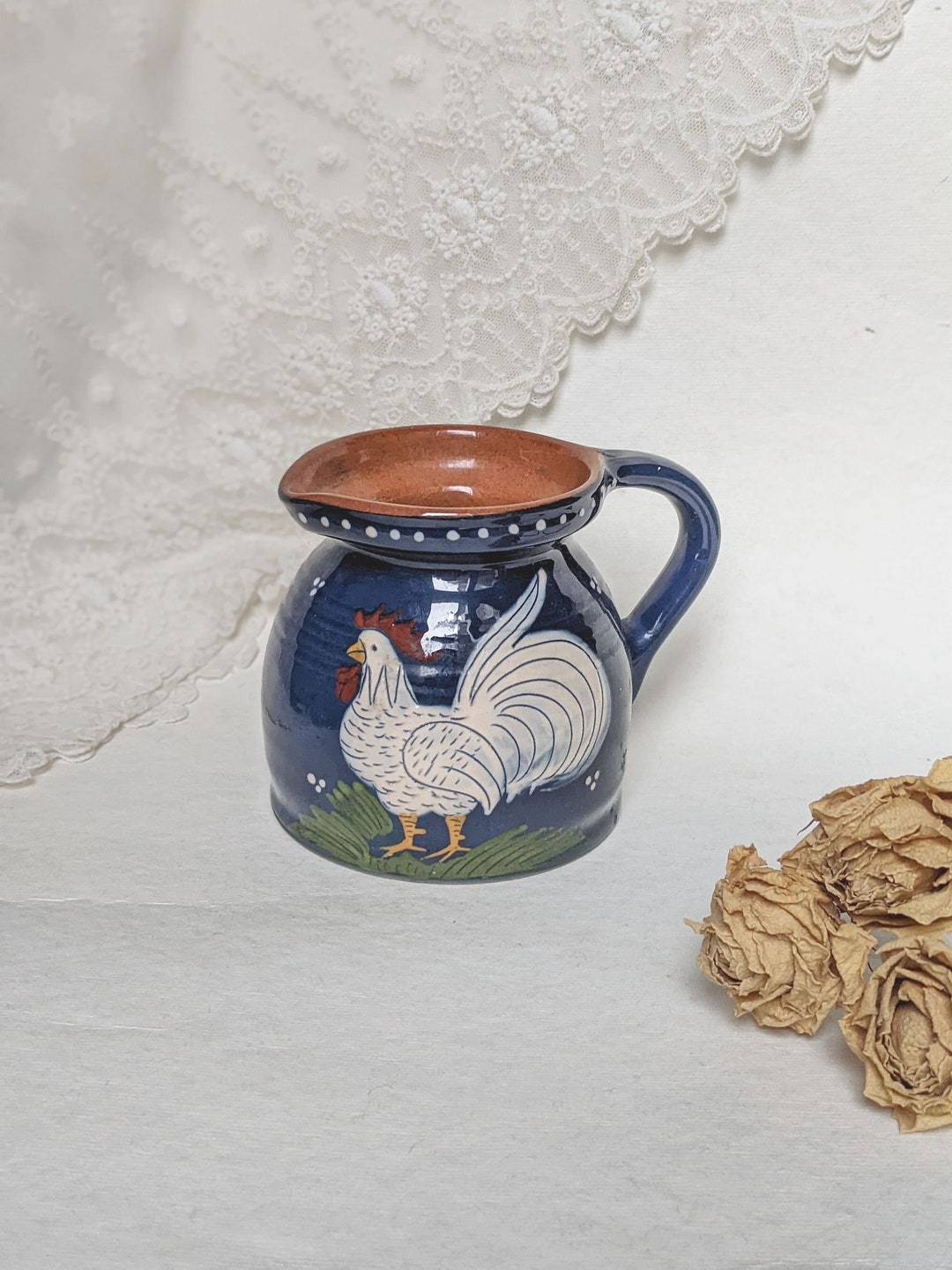 Ceramic Milk Jug With Rooster. Blue Ceramic Milk Krug With White ...