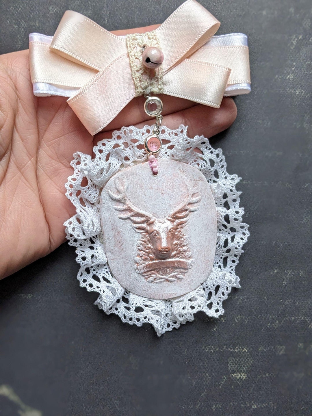 Unique Hand Made White Rose Colored Deer Brooch. Large Rosette Pin With ...