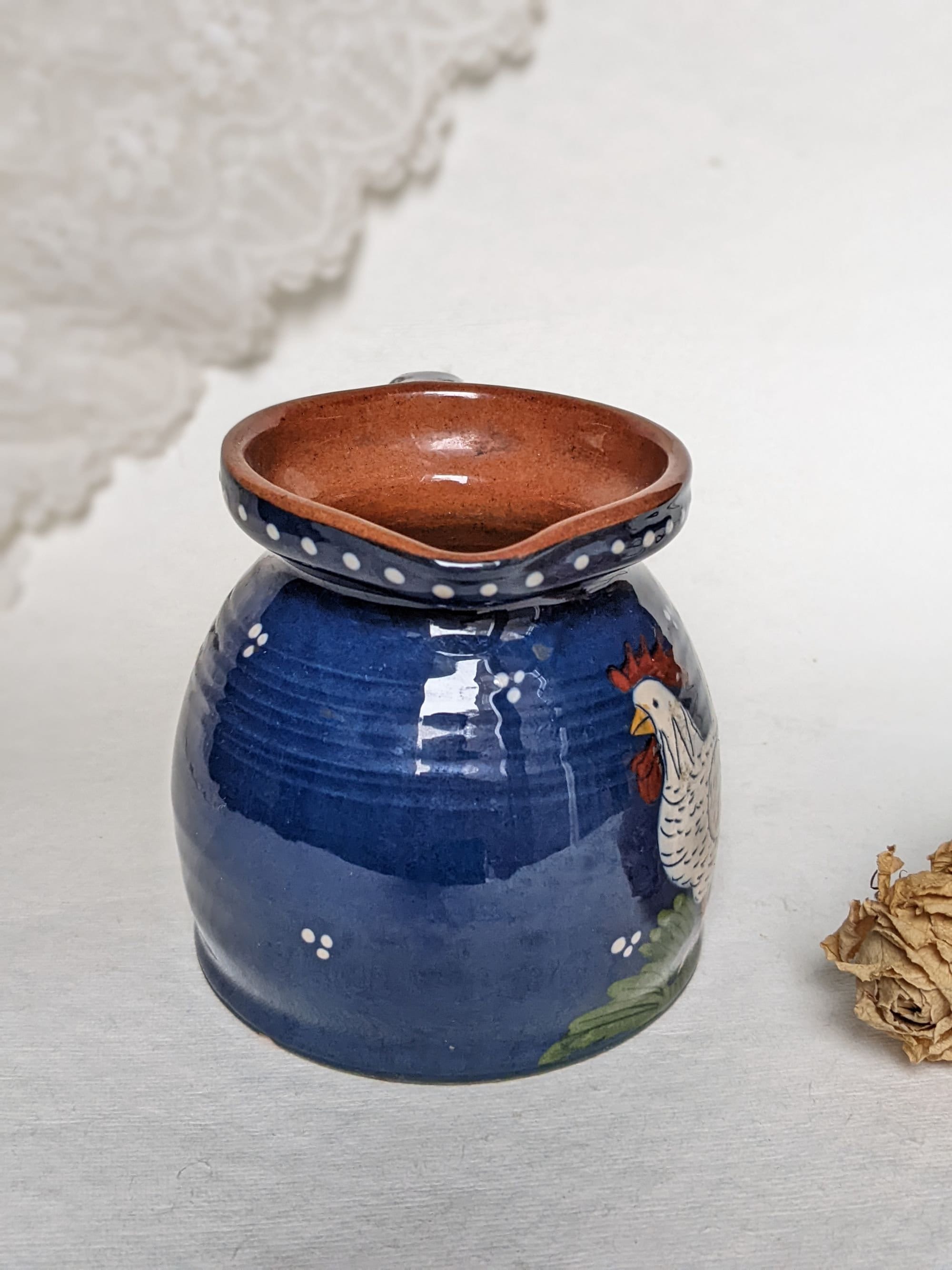 Ceramic Milk Jug With Rooster. Blue Ceramic Milk Krug With White ...