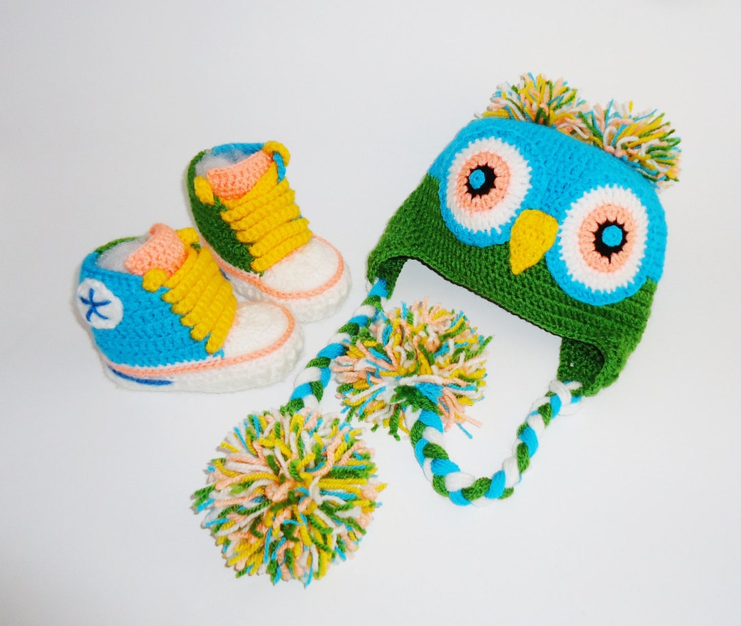 Baby Crochet Set Hat Owl-all Star Booties Newborn Set-boy Crochet Set ...