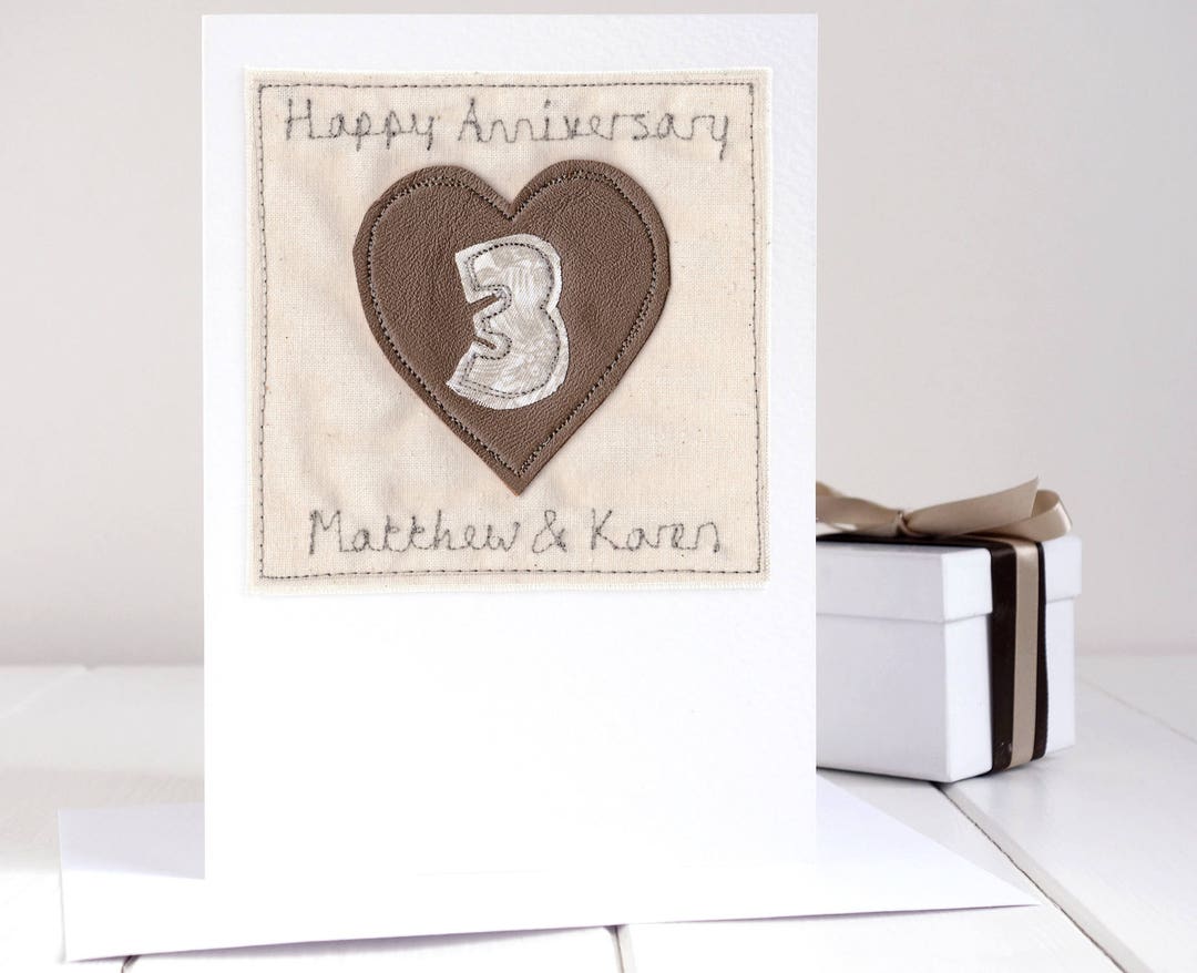 Personalised Embroidered Leather 3rd Wedding Anniversary Card - 3 Years ...