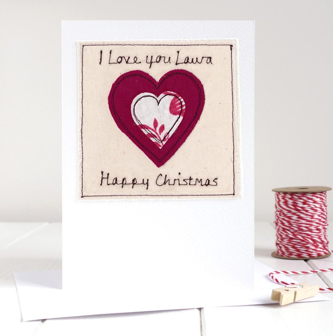 Personalised Embroidered Love Heart Card Romantic Christmas Card for ...