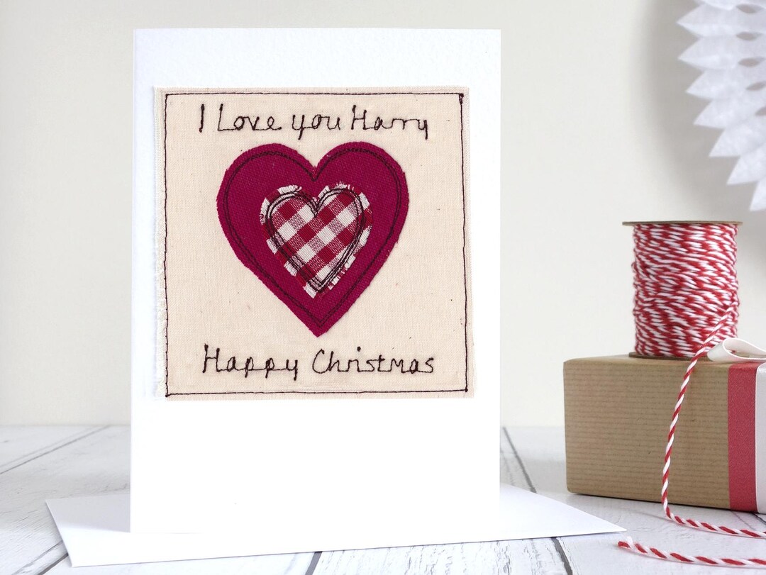Personalised Embroidered Love Heart Card - Romantic Christmas Card for ...