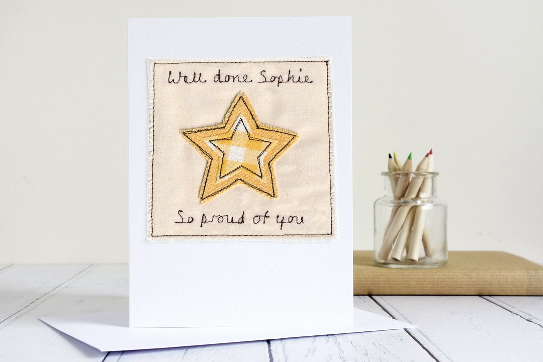 Personalised Embroidered Star Well Done Card - Congratulations Card for ...