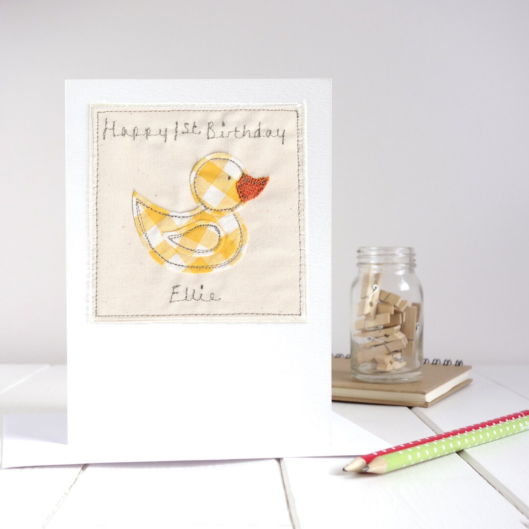 Personalised Embroidered Duck Card for Birthday, New Baby, Easter ...