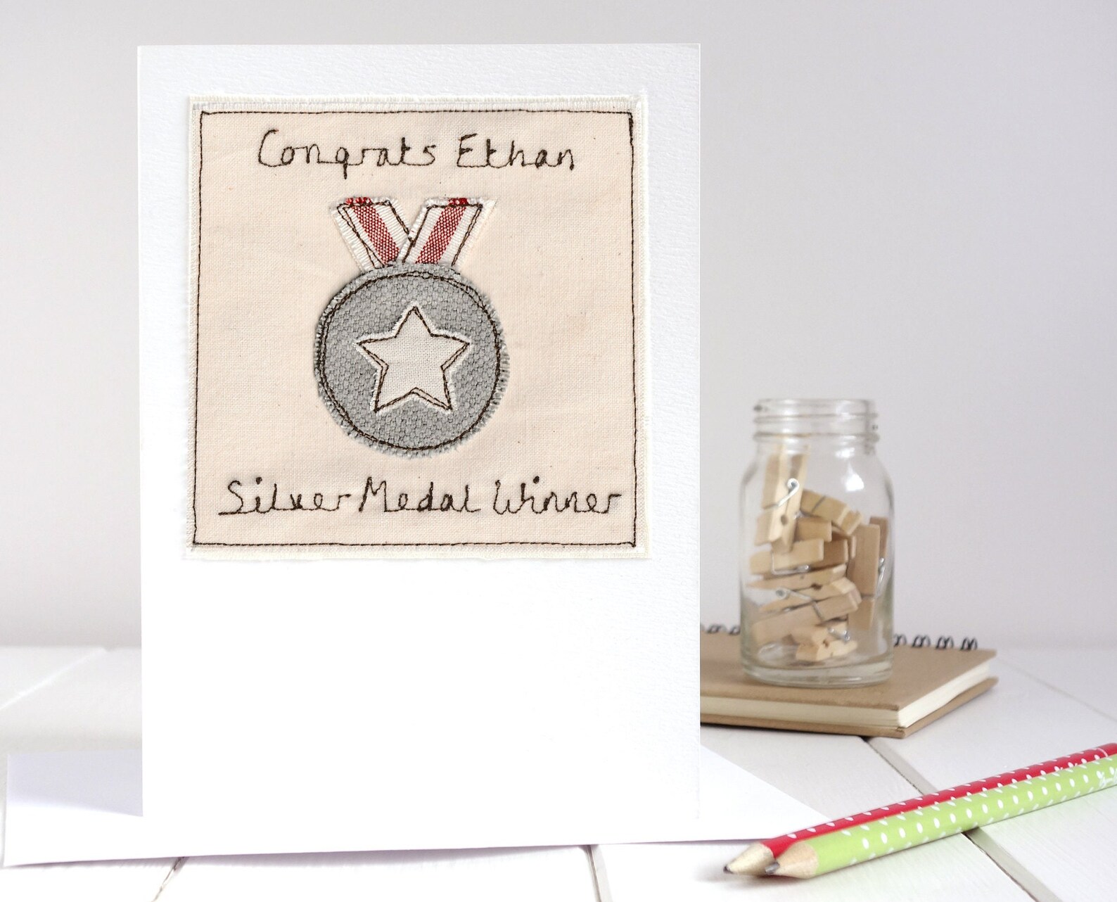 Personalised Embroidered Silver Medal Congratulations Card - Well Done ...