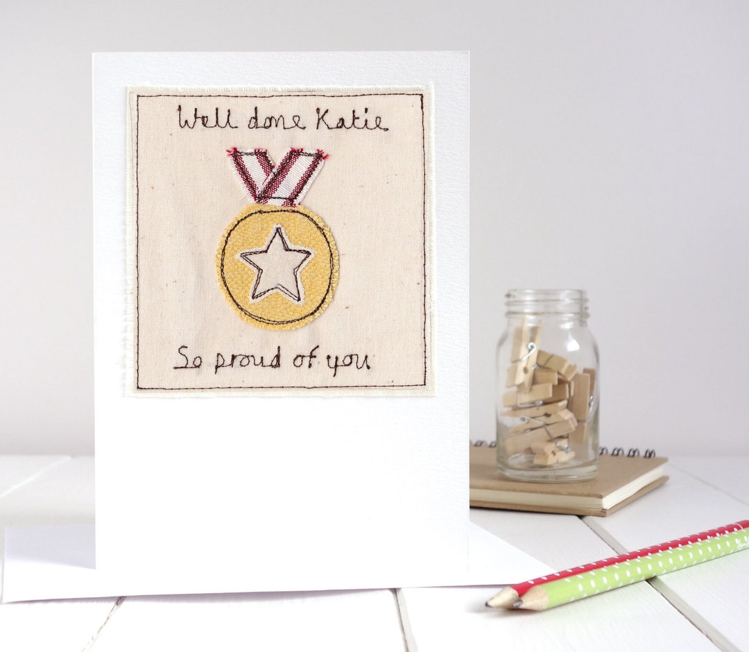 Personalised Embroidered Gold Medal Card - Well Done Card - Passing ...