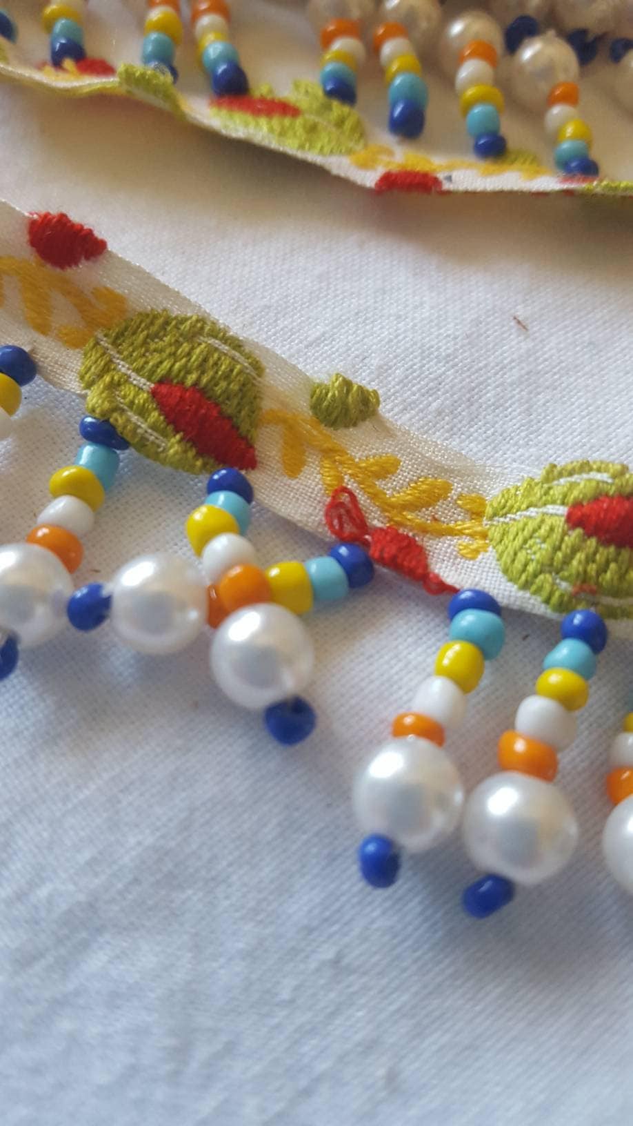 Embroidered Beaded Trim / Vintage Ribbon / Beaded Ribbon Trim ...