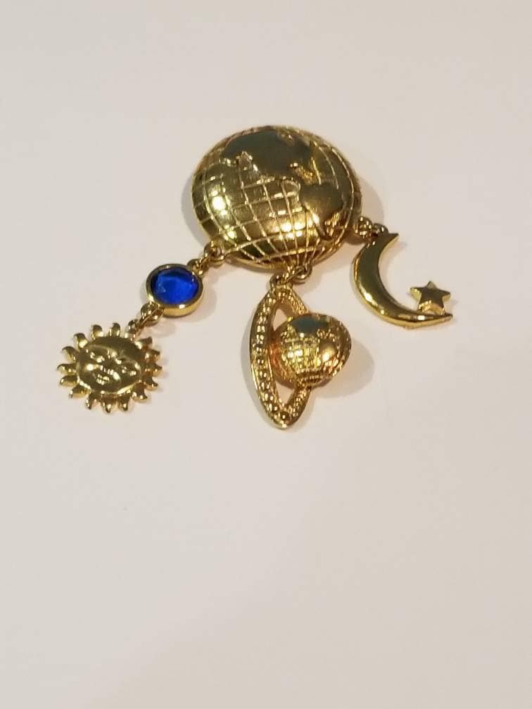Vintage Solar System Brooch / Celestial Pin / Gold Globe Brooch