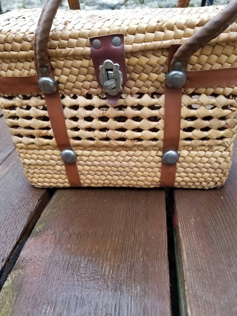 Vintage Wicker Rattan Basket Purse / Top Handle Wicker Box Tote ...