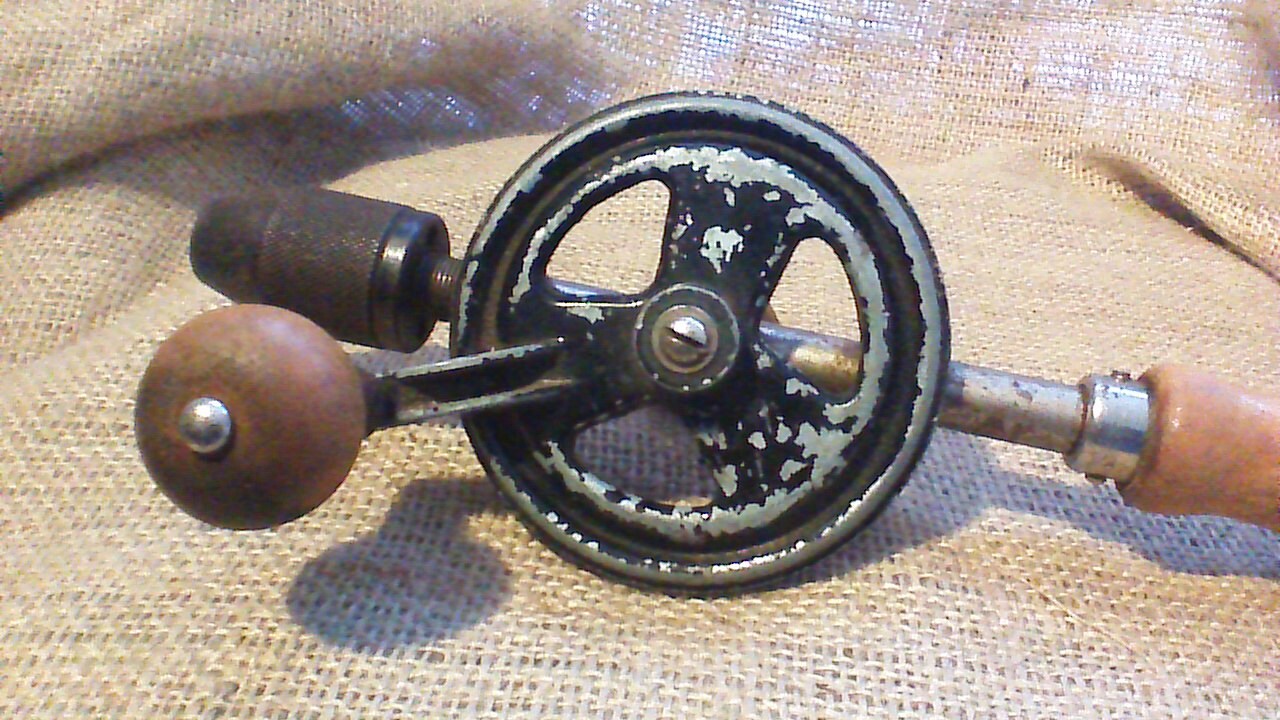 Hand Drill Vintage Primitive with Wooden Handle