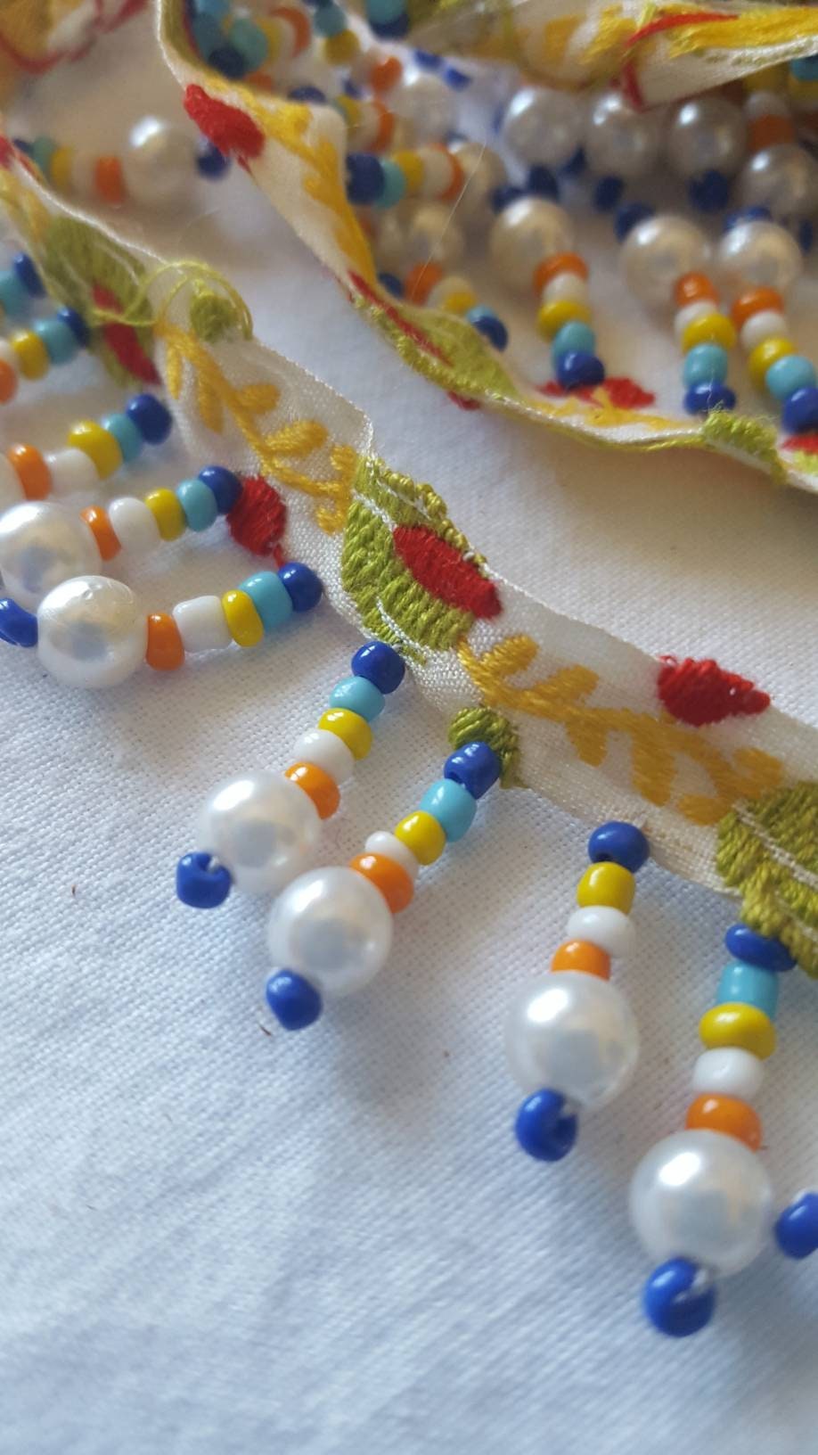 Embroidered Beaded Trim / Vintage Ribbon / Beaded Ribbon Trim ...