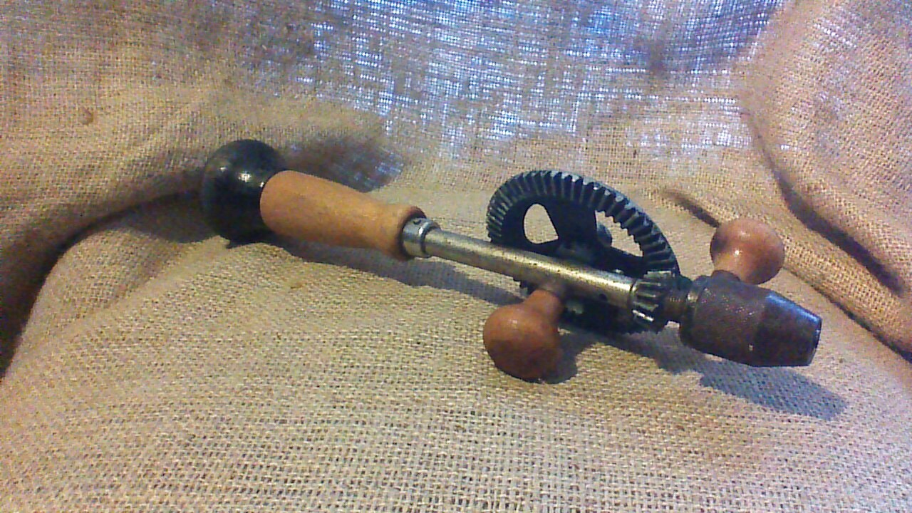 Hand Drill Vintage Primitive with Wooden Handle