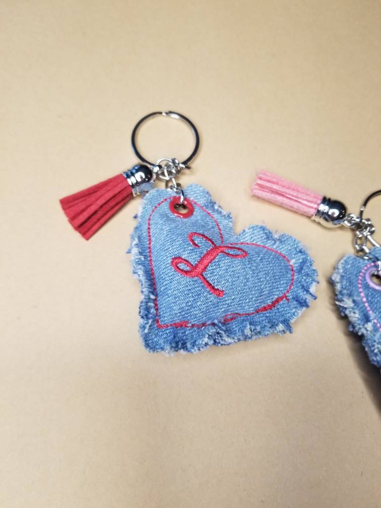 Denim Monogrammed Heart Keychain / Zipper Pull / Embroidered Monogram ...
