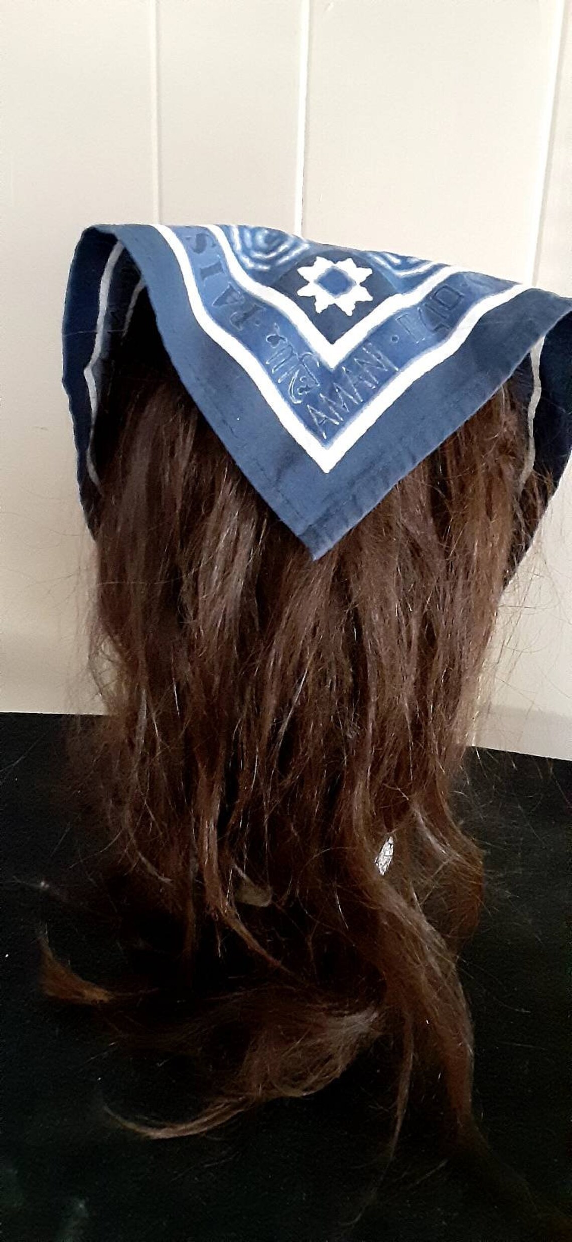 Boho Hippy Folk Bandana. Retro Blue and White Star and Circle; OOAK ...