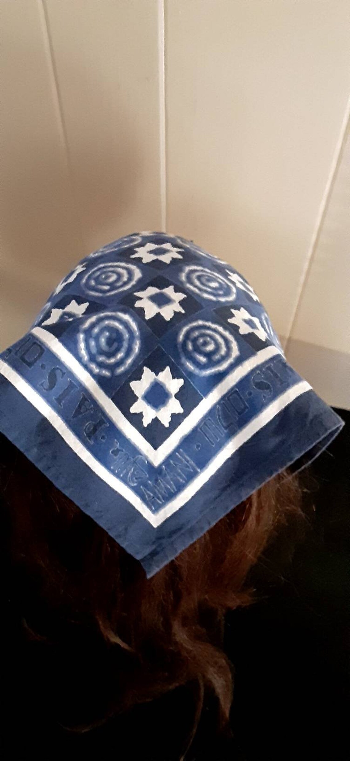 Boho Hippy Folk Bandana. Retro Blue and White Star and Circle; OOAK ...