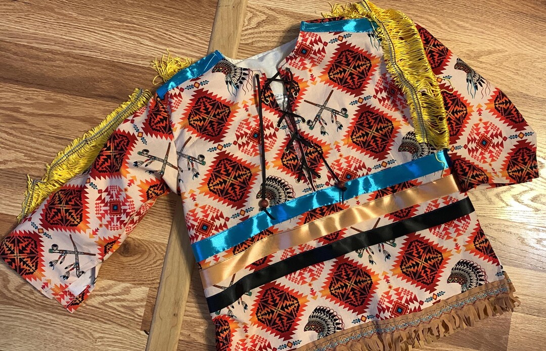 First Nation Tribal Ribbon Shirt, Youth Size 8. Headdress, Peace Pipes ...