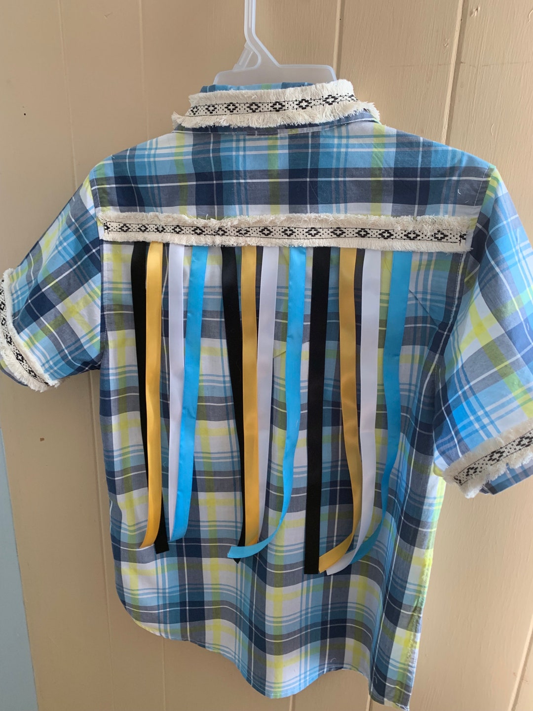 Unisex Kids Size XL Pow Wow Regalia, Plaid Ribbon Shirt. Chevron Trim ...