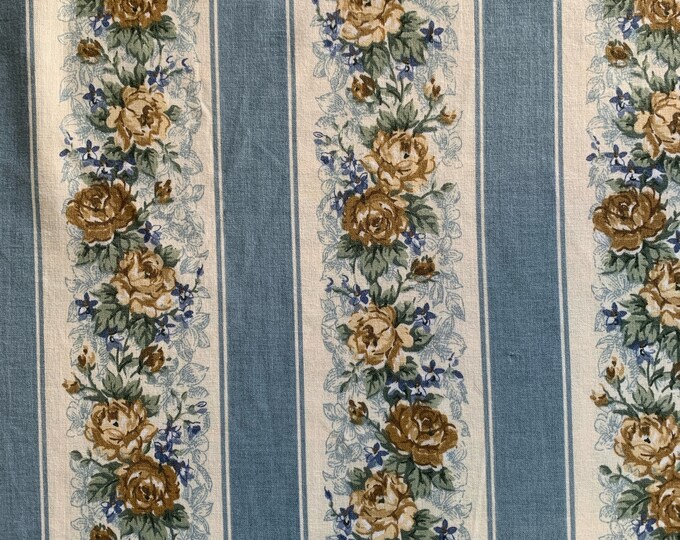 Cranston Print Yardage Gold ROSES Blue Stripe With Green White Cotton X ...