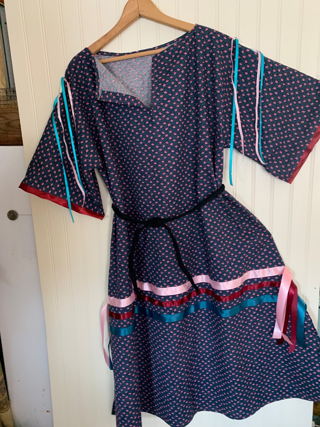 Blue Calico Trade Cloth RIBBON DRESS Pow Wow Ceremonial Ladies 14-16-18 ...