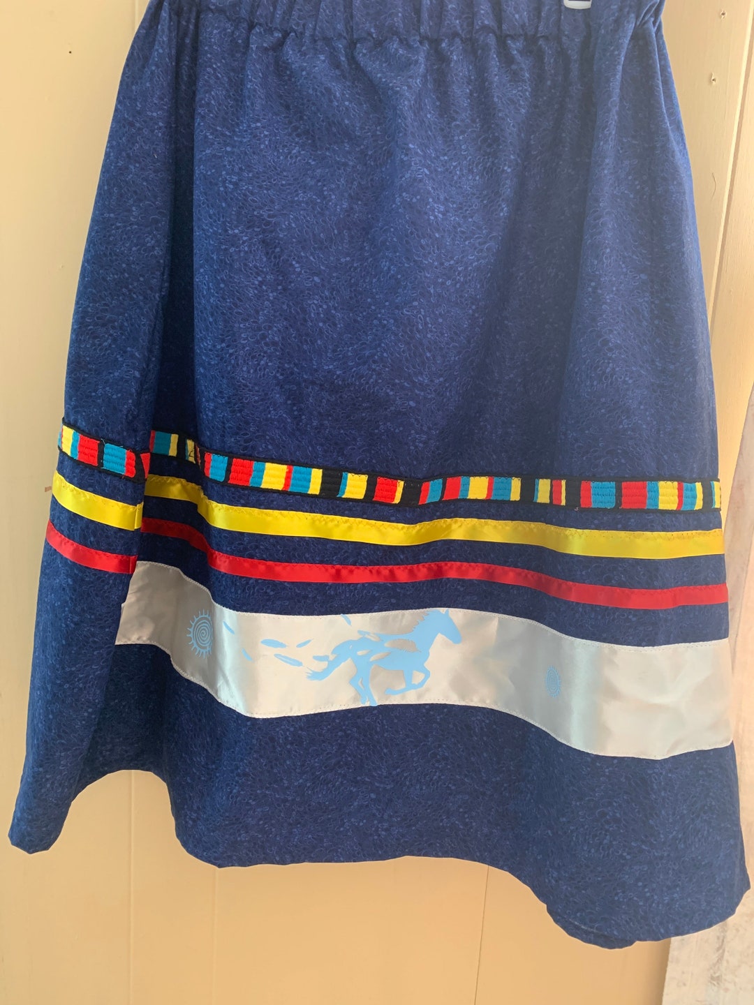 RIBBON SKIRT 36 - 44" Adjustable Waist. Navy Blue on Blue Stones Cotton ...