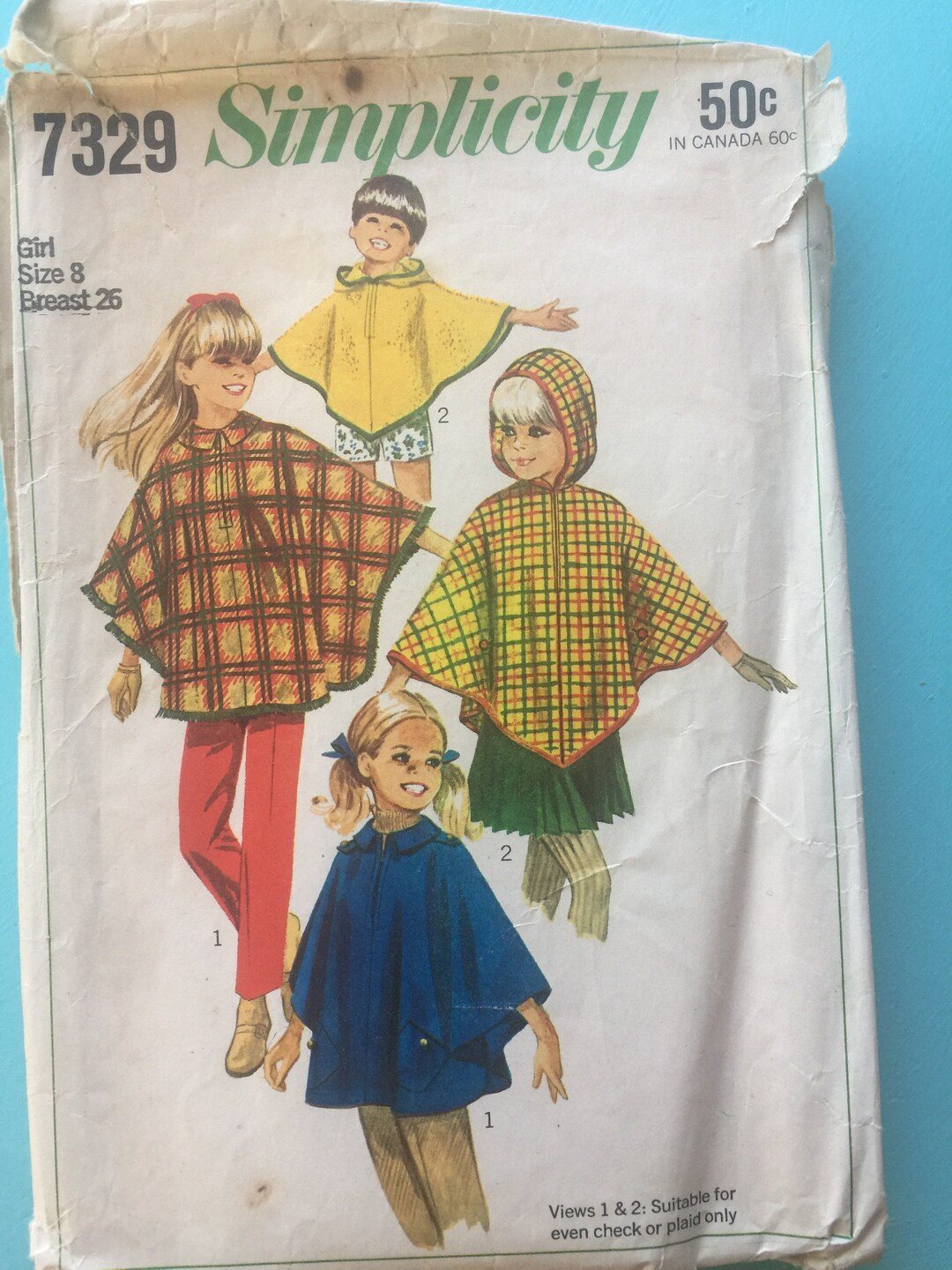 CHILD PONCHO Size 6 and 8 Unisex Cape, VINTAGE 60s Pre-cut Sew Pattern ...