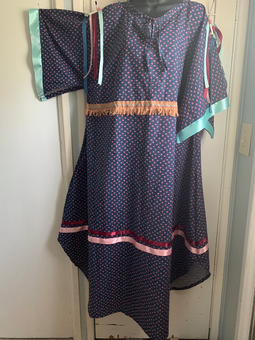 Blue Calico Trade Cloth RIBBON DRESS Pow Wow Ceremonial Ladies 14-16-18 ...