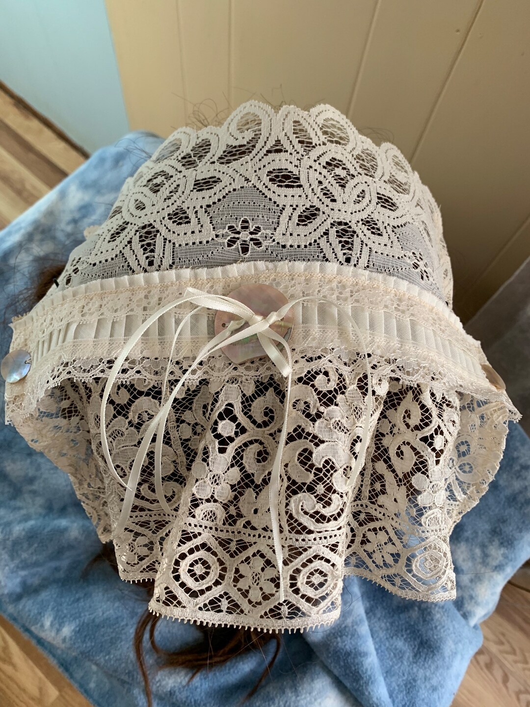 Ladies Victorian Dress Bonnet. OOAK Abalone Shell Ivory Satin Floral ...