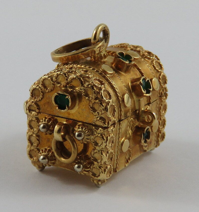 Treasure Chest With Green Stones Mechanical 18K Gold Vintage - Etsy