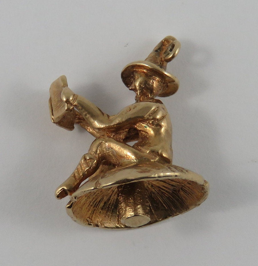 Elf Reading on a Toadstool 9K Gold Vintage Charm For Bracelet | Etsy