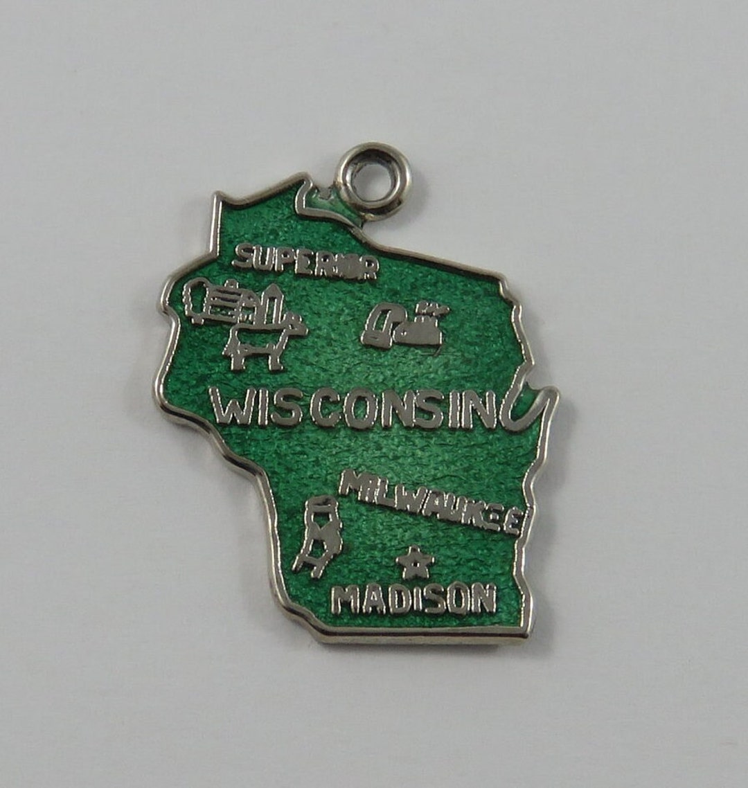 Green Enamel Map of Wisconsin State Sterling Silver Vintage Charm for ...
