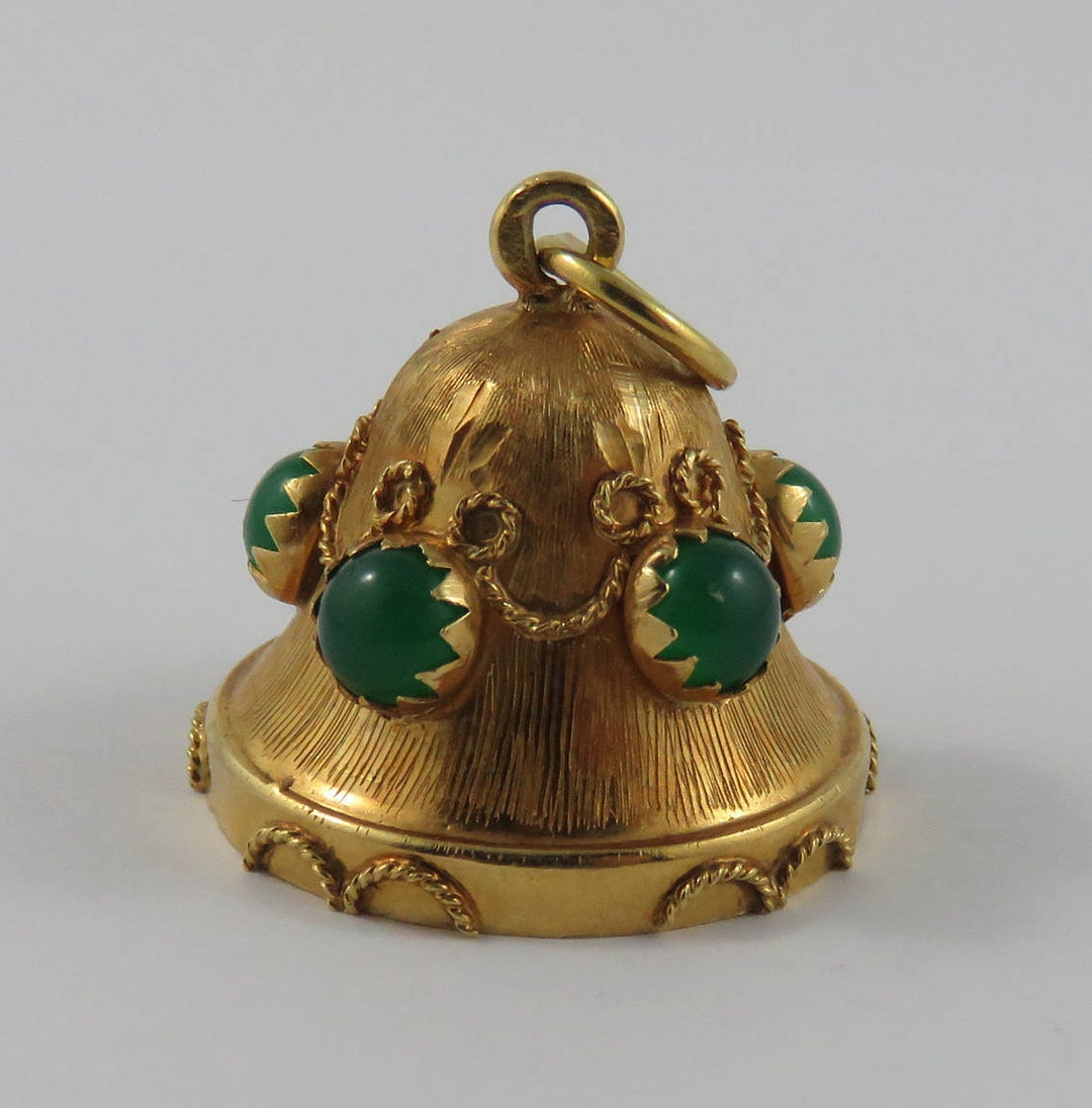 Large Ringing Bell With Green & White Stones Mechanical 18K Gold ...